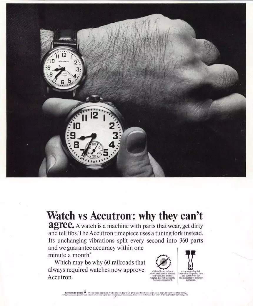 Tonton lwn. Accutron: Iklan Untuk Jam Tangan Accutron yang Diluluskan Kereta Api, Dikenali Kerana Ketepatan Unggulnya