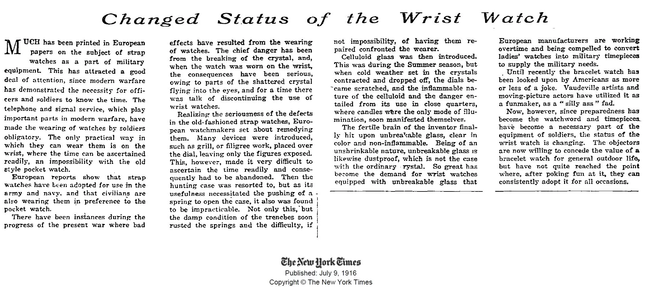 New-York-Times-1916-Reloj-de-pulsera-Artículo