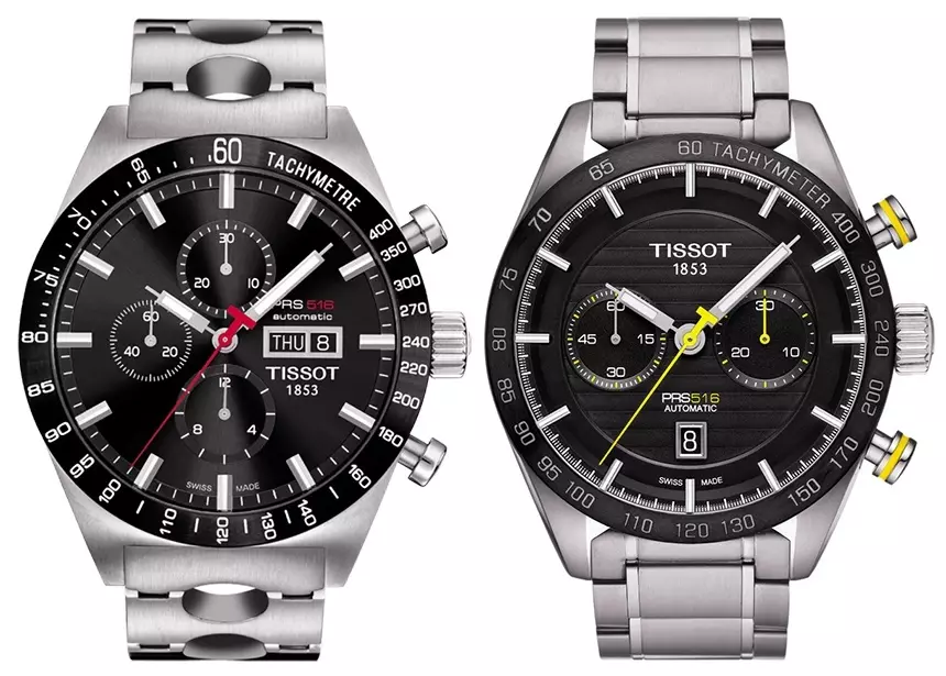 ETA 7750 хөдөлгөөнтэй (зүүн талд) хуучин Tissot PRS 516 хронограф загваруудын нэг ба 2015 оны шинэ загвар.