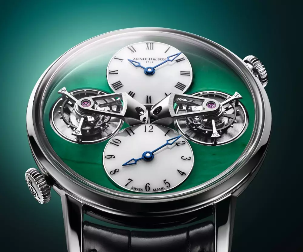 Dvojité Tourbillon hodinky Arnold & Son s brilantným zeleným nefritovým ciferníkom