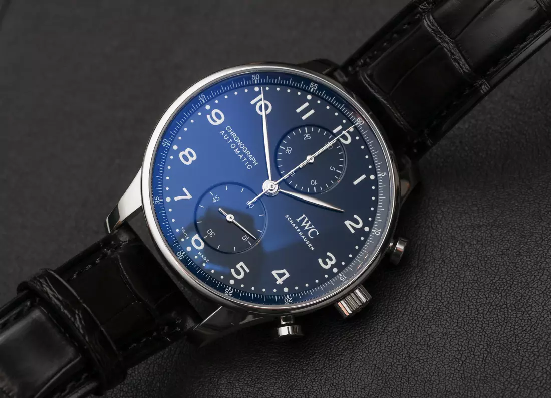 IWC Portugieser Chronograph Edition '150 Years' sininen kellotaulu edestä