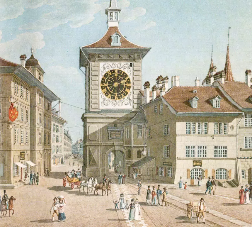 La tour médiévale Zytglogge à Berne, Suisse. Construite au début du XIIIe siècle, elle a servi de tour de garde, de prison, de tour de l'horloge, de centre de la vie urbaine et de mémorial civique. Malgré les nombreuses redécorations et rénovations qu'il a subies au cours de ses 800 ans d'existence,