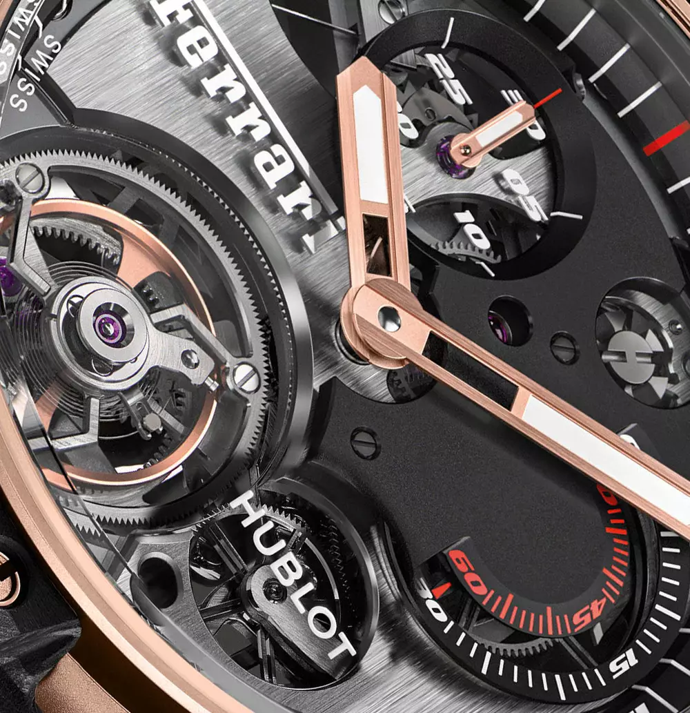 Hublot Techframe Ferrari Afọ 70 Tourbillon Chronograph Watch na PEEK Carbon & King Gold 44182_5