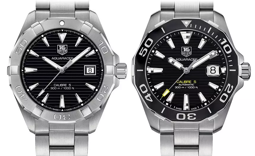 2014-es acél előlap TAG Heuer Aquaracer 300M (balra) vs. 2015 TAG Heuer Aquaracer 300M kerámia előlappal.